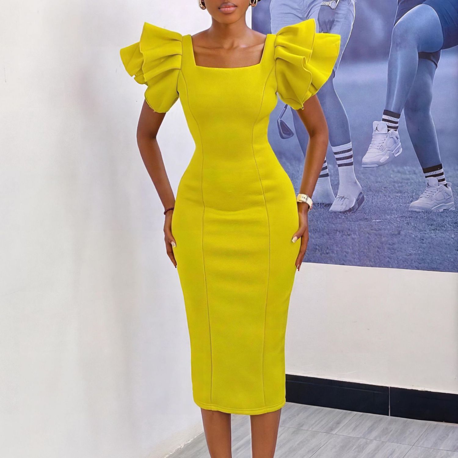 Wholesale Women Chic Career Square Neck Ruffle Sleeve Party Dress | Global Lover