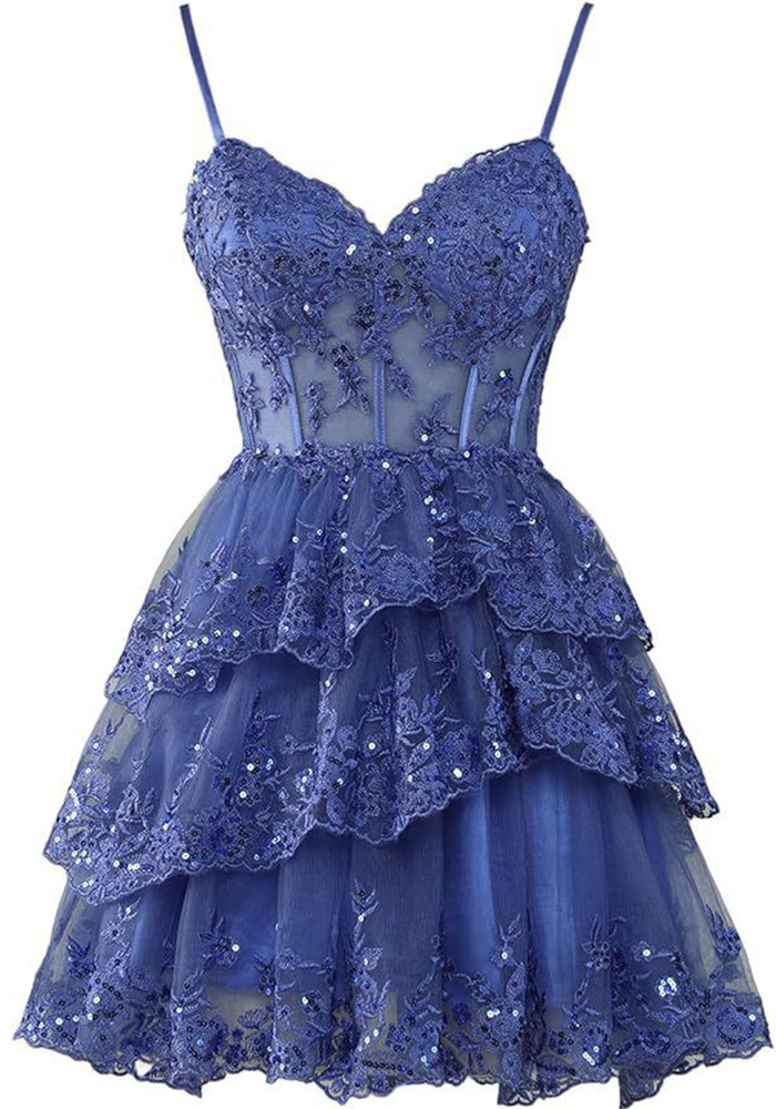 Wholesale Women's Strap Tulle Layered Short Prom Dress Shiny Lace Tight ...