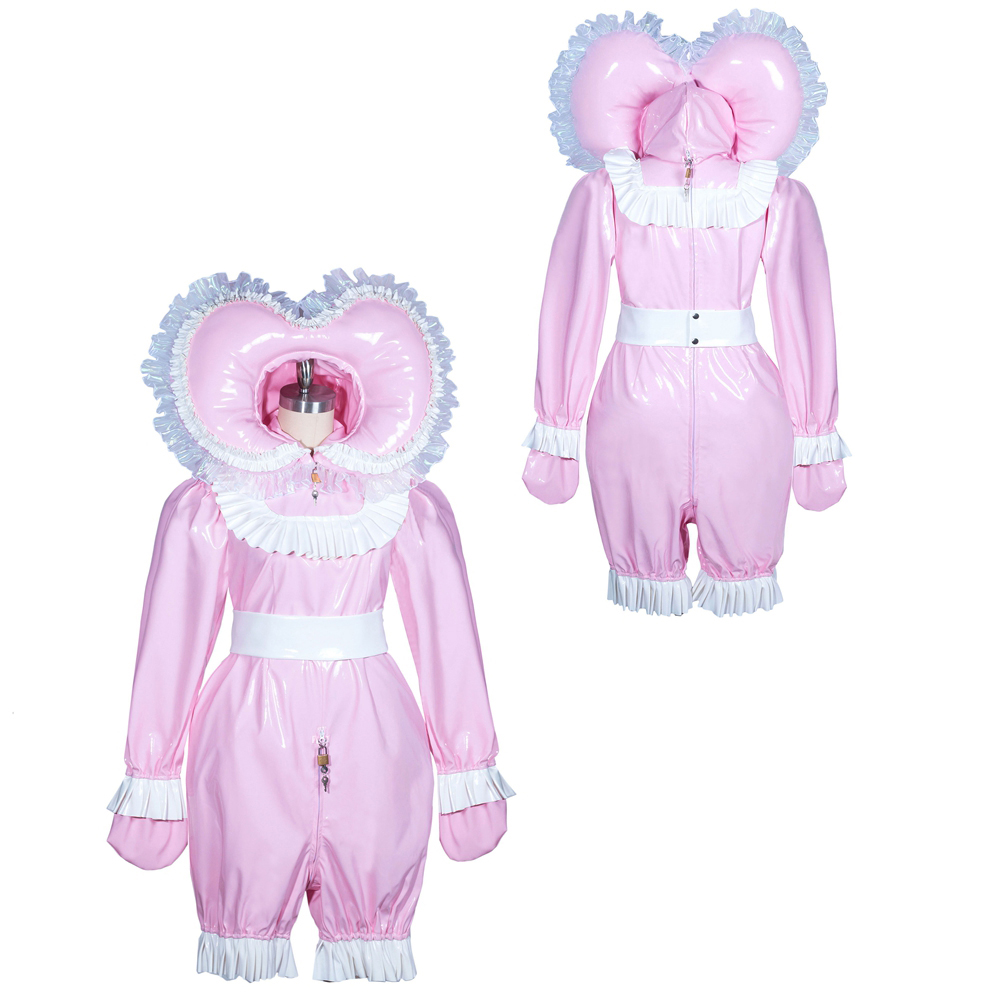 Lockable Sissy Baby Romper Pink & White Heavy PVC Crossdressing Outfit ...