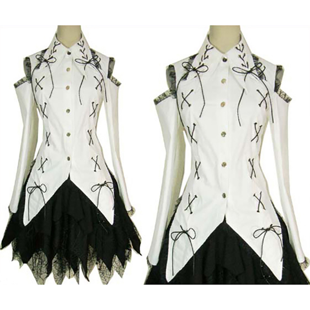 Visual Kei Gothic Cosplay Top and Skirt Set Black White Cotton Lace-Up ...