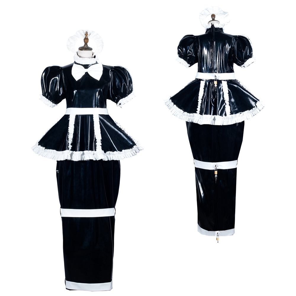 fondcosplay Black and White Heavy PVC Lockable Restrictive Sissy Maid ...