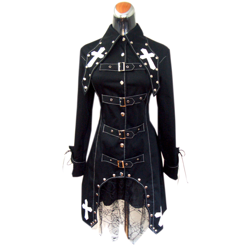 Black Cotton Gothic Coat Dress with Crosses and Buckle Details – Visual ...