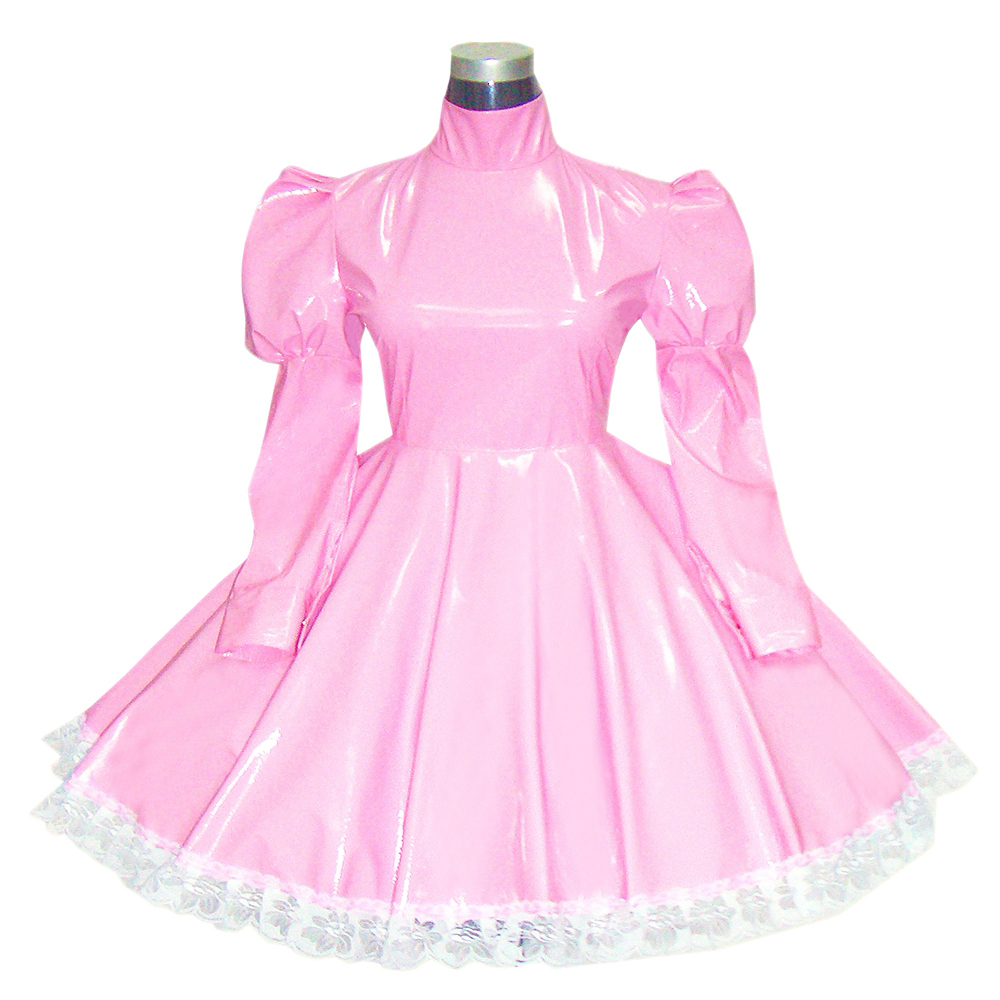 Pink Thin PVC Lockable Sissy Maid Dress with Lace Hem – G270