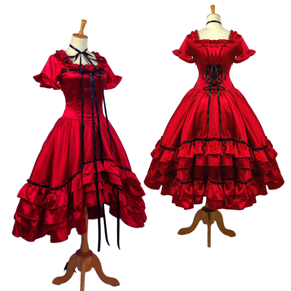 Chii Red Satin Gothic Lolita Cosplay Dress from Chobits Handmade ...