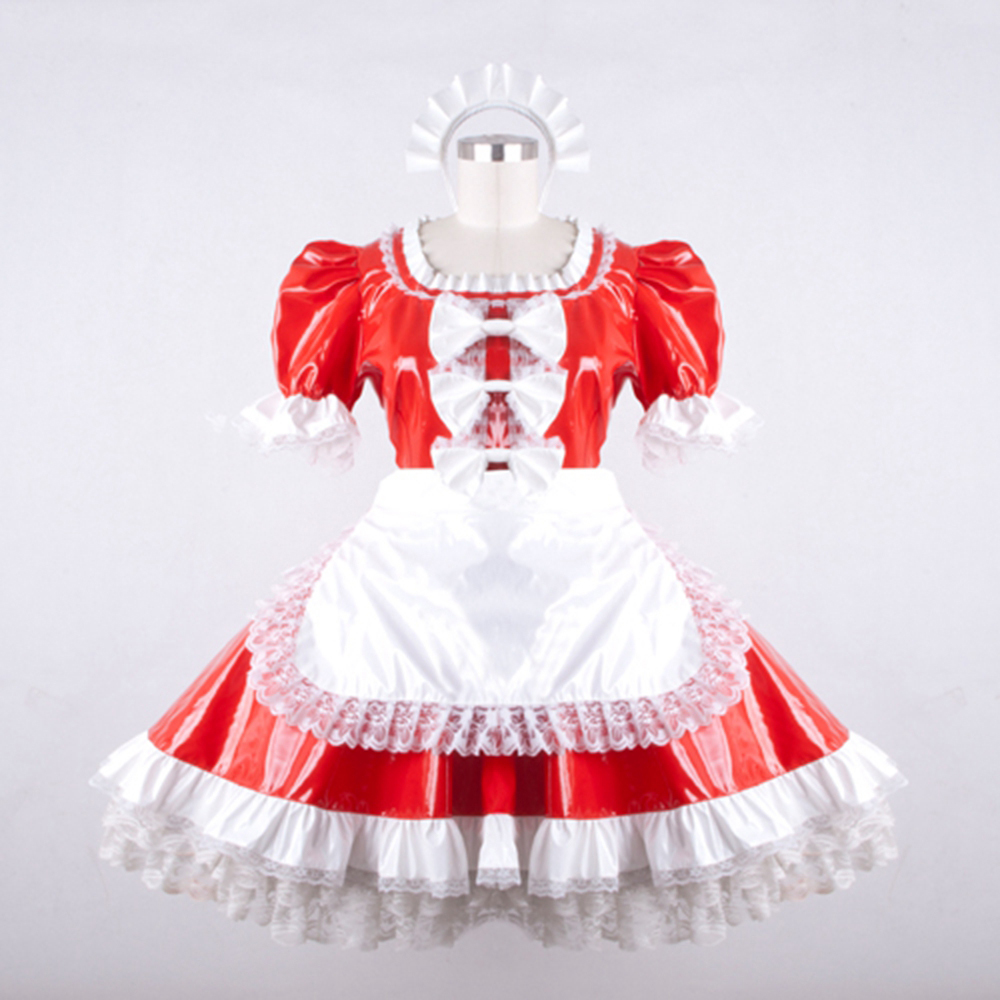 Shiny Red Sissy Maid Dress in PVC for Crossdressing | Lockable Uniform G795