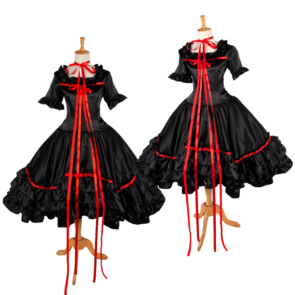 Chobits Chi Cosplay Dress Black Gothic Lolita Handmade Satin Costume