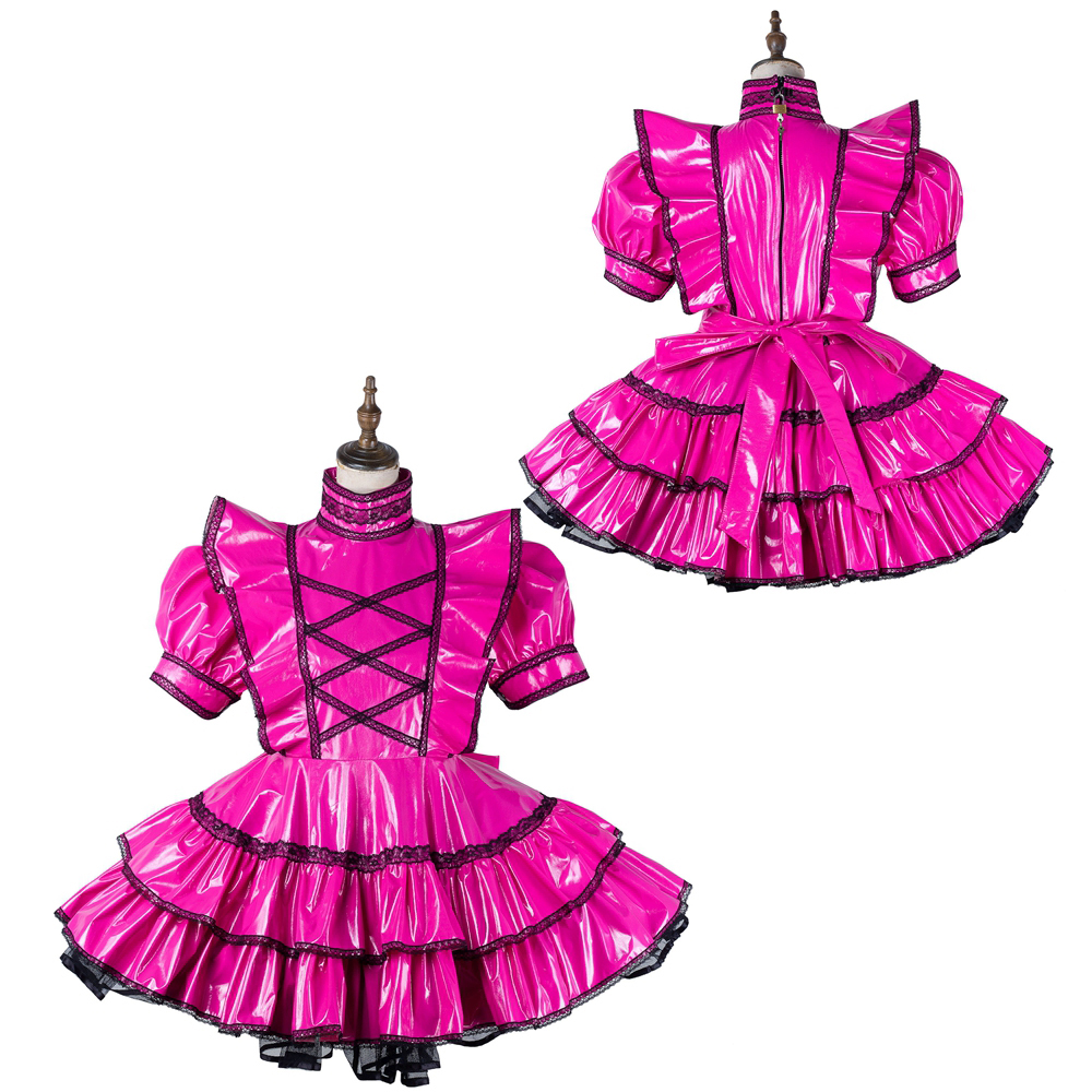 Fondcosplay Lockable Sissy Maid Crossdressing Hot Pink Thin PVC Dress ...