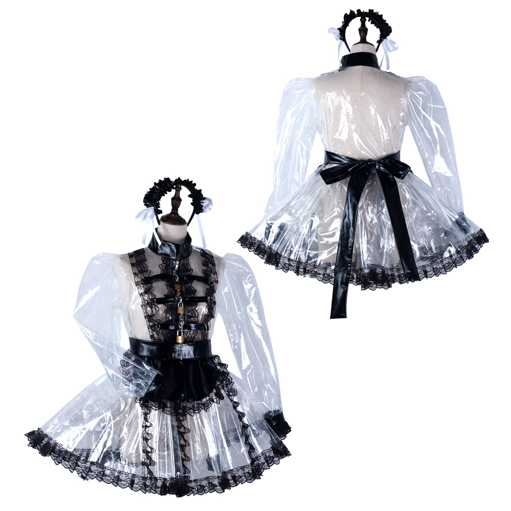 fondcosplay Lockable Clear PVC Sissy Maid Dress with Black Lace for ...