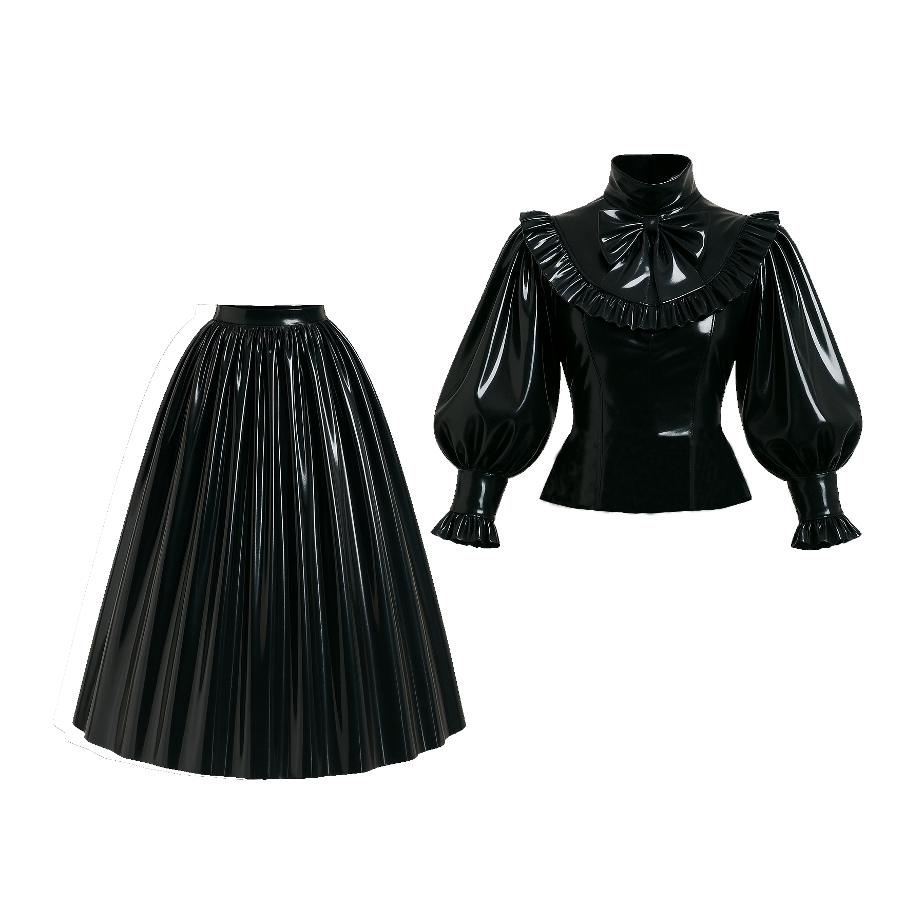 Fondcosplay Lockable Black Thin PVC Blouse and Pleated Long Skirt Set ...