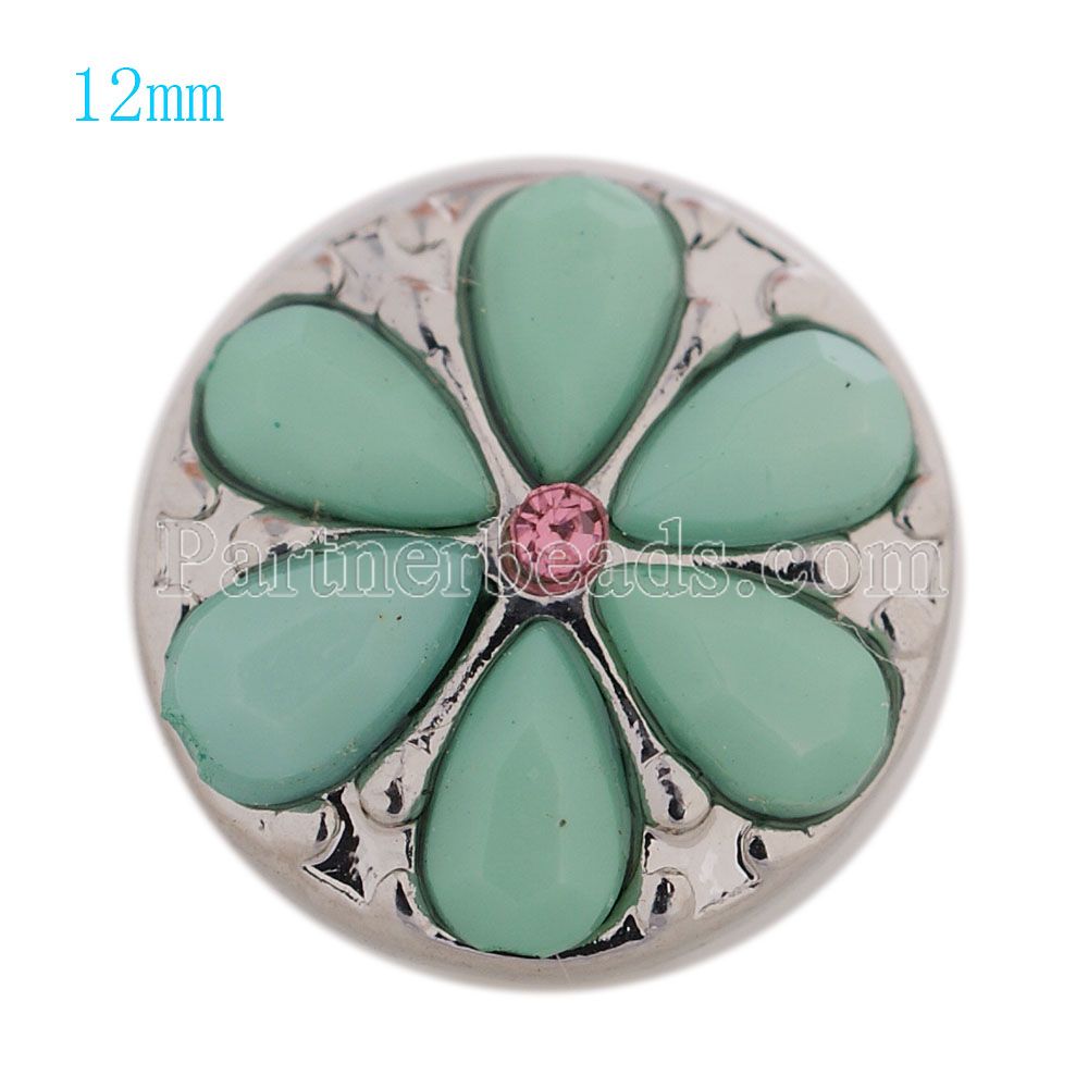 12MM Flower snap Silver Plated with green beads and Rhinestone KS9665-S ...