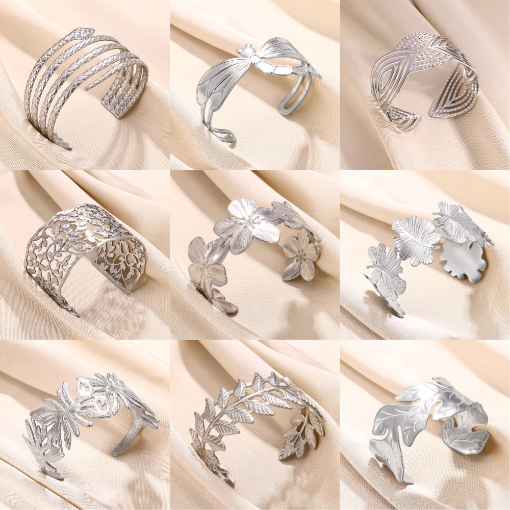 Stainless steel wide open cut hollow geometric flower leaf texture bracelet
