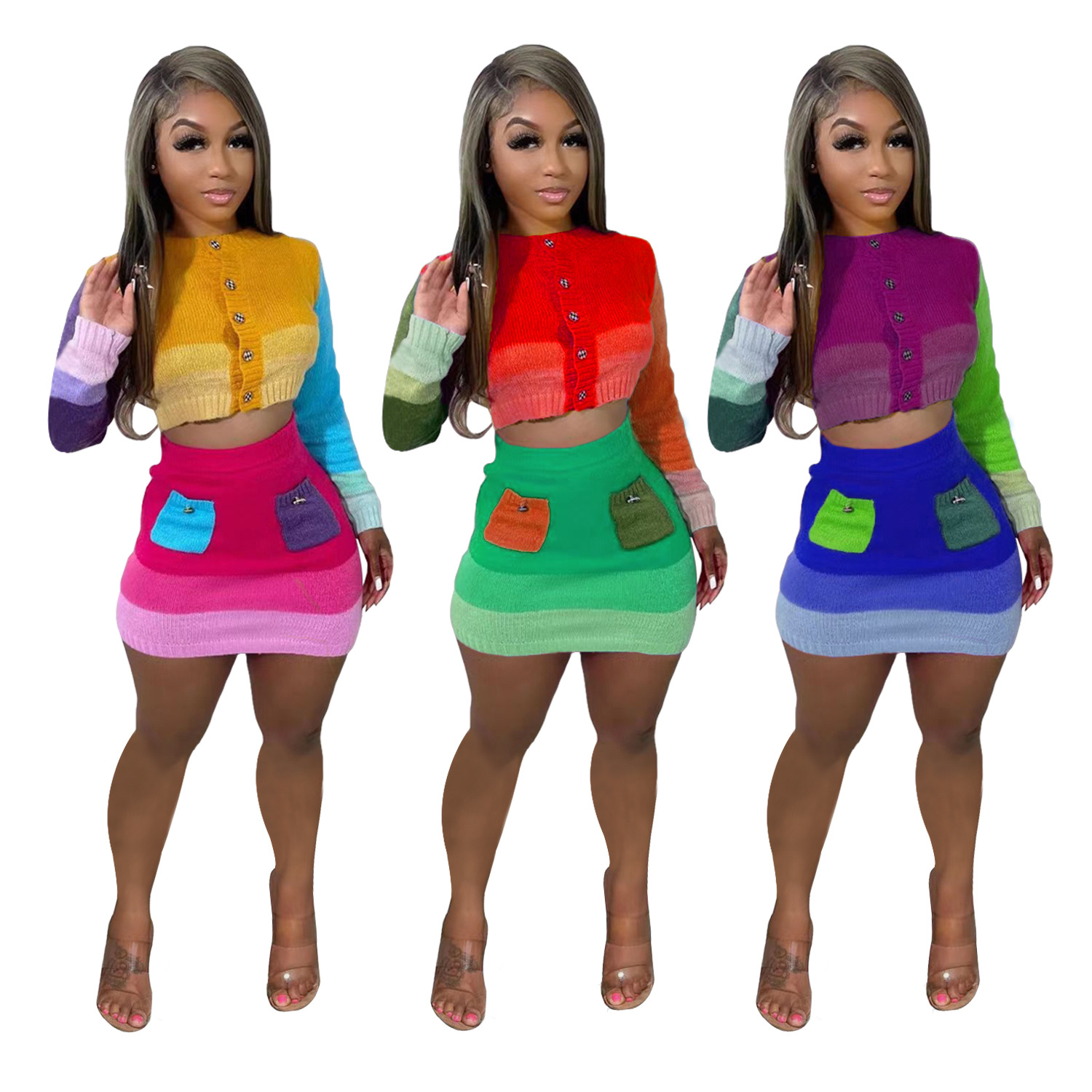 Handmade knitted contrasting short skirt set